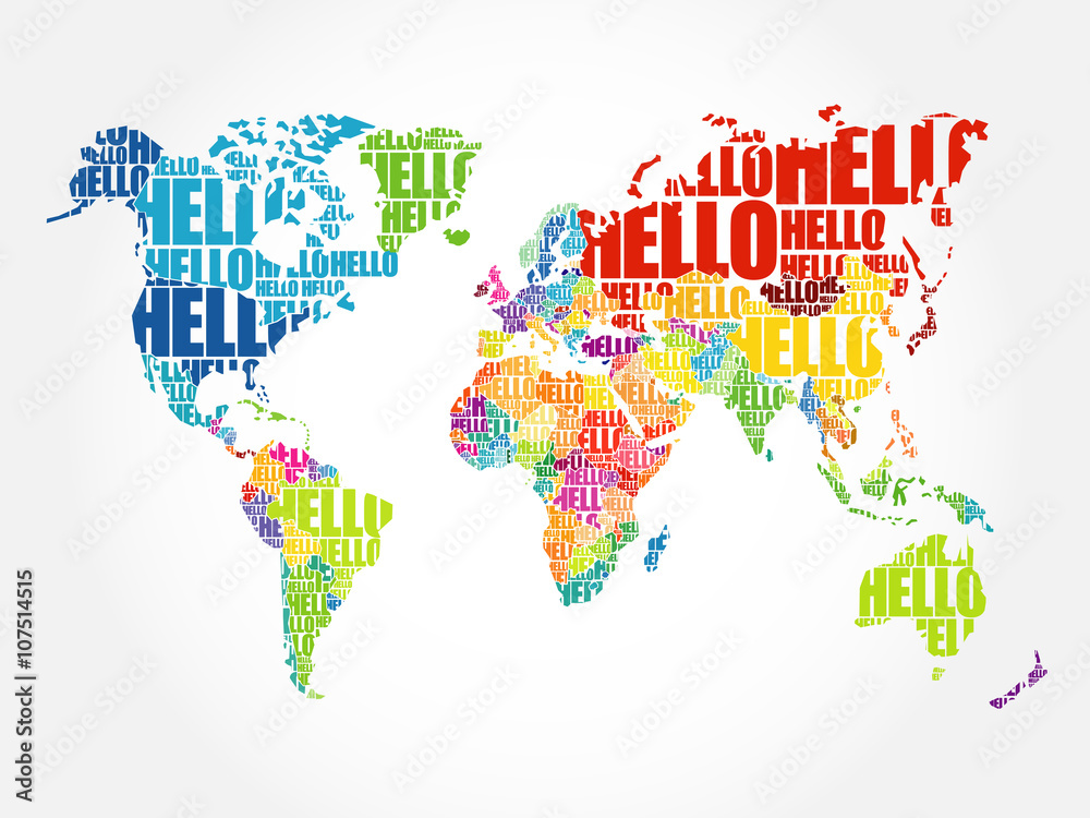 HELLO Word Cloud World Map in Typography, background concept Stock ...