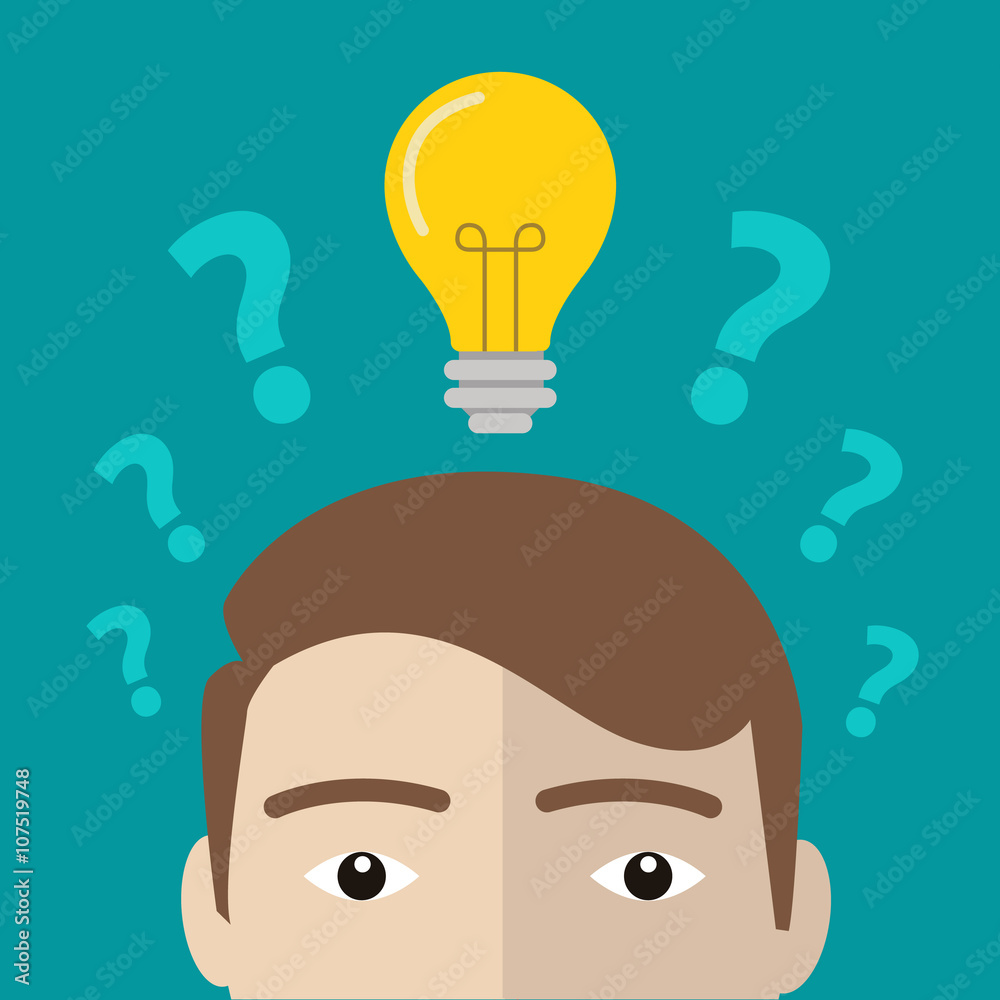 Question marks and one glowing light bulb above head of young man or ...