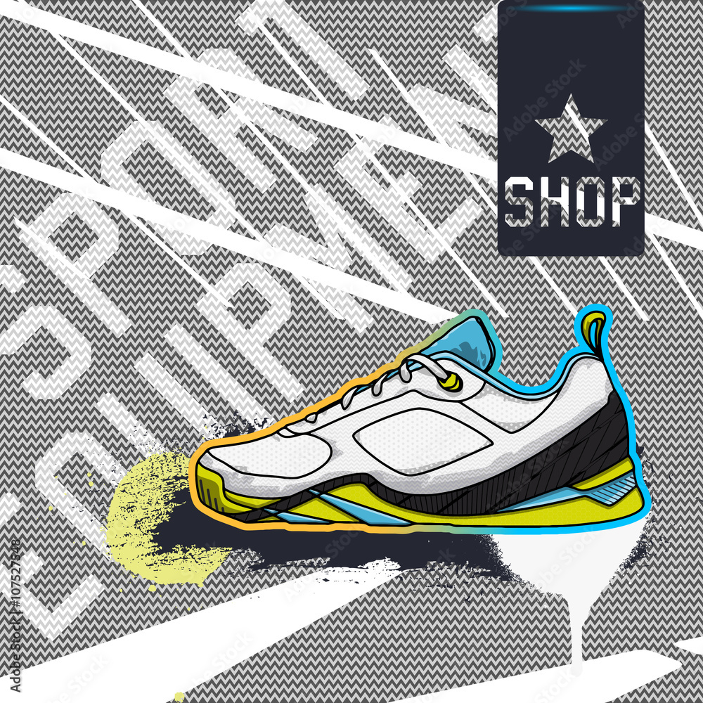 Sports Equipment Shop background with a sketch of sports shoes Stock ...
