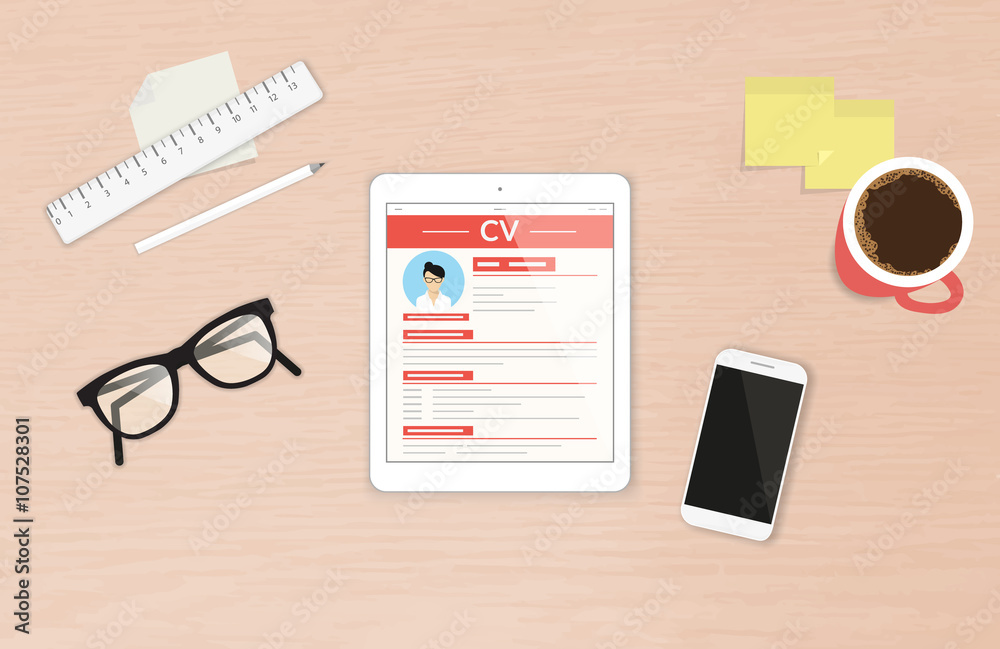 Realistic desktop design with CV template presentation on the tablet pc ...