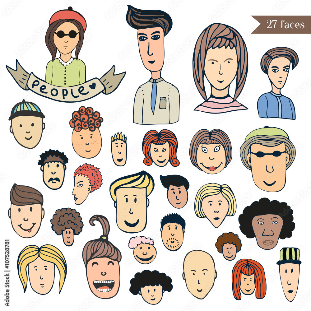 Hand drawn people crowd doodle collection of avatars. Cartoon people ...