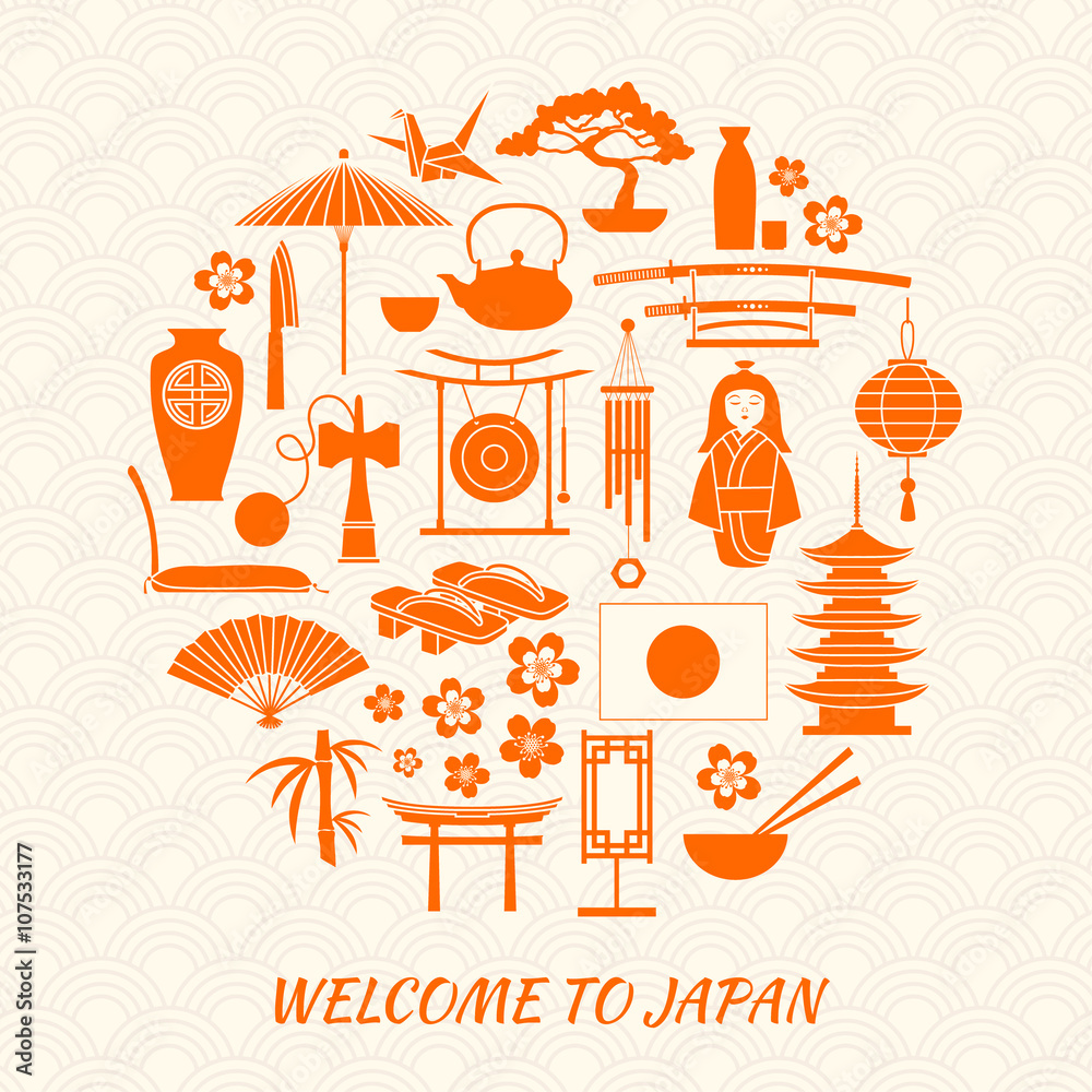 Set of Japanese symbols, souvenirs, accessories. Icon Collection in the ...