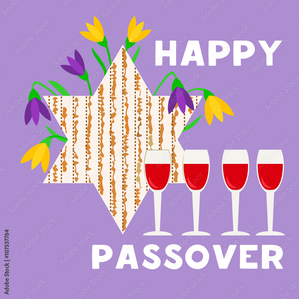 Happy Passover poster, card. Matzah bread, wine for Passover, Pesach ...