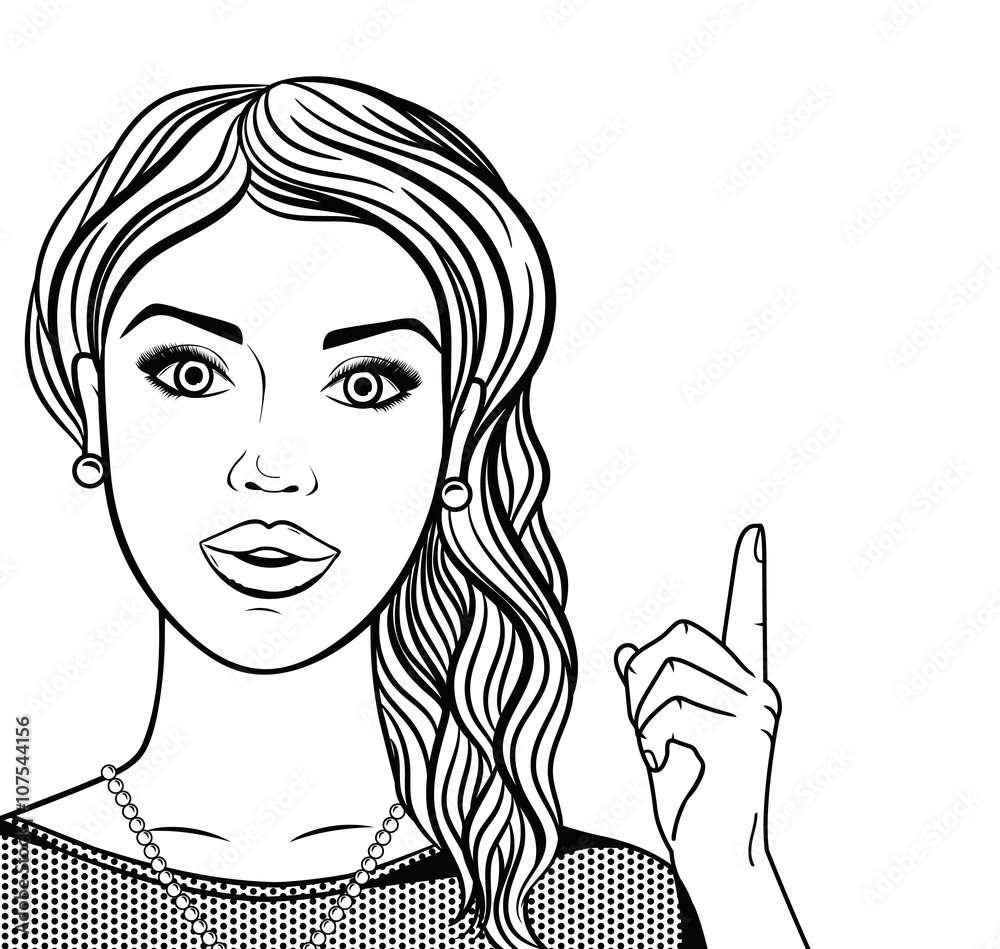 Line art woman smiling face with hand pointing up, isolated black and ...