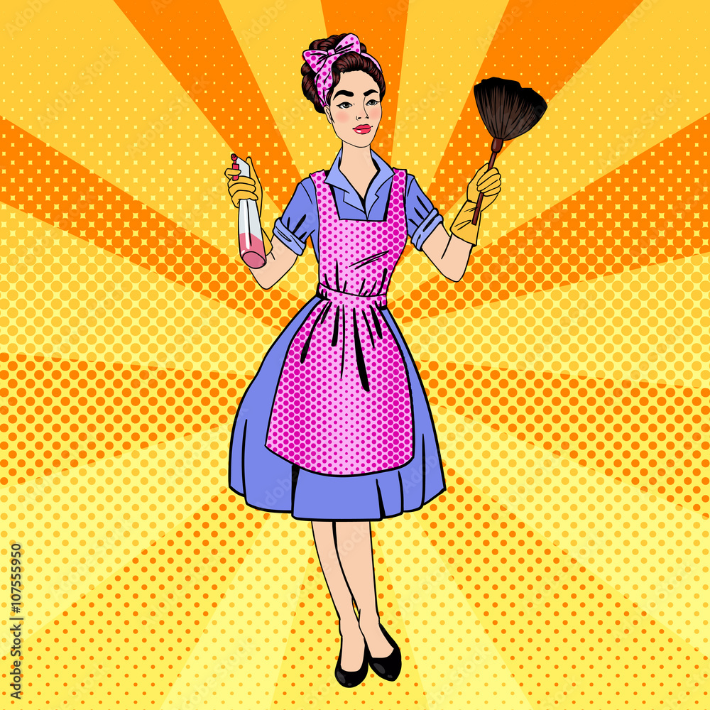 Woman Cleaning the House. Girl Doing House Work. Pin Up Girl. Pop Art ...