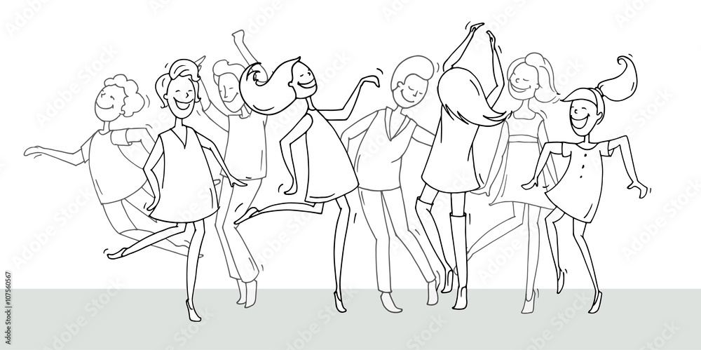 Set of sketch dancing people in different poses on the dance floor ...
