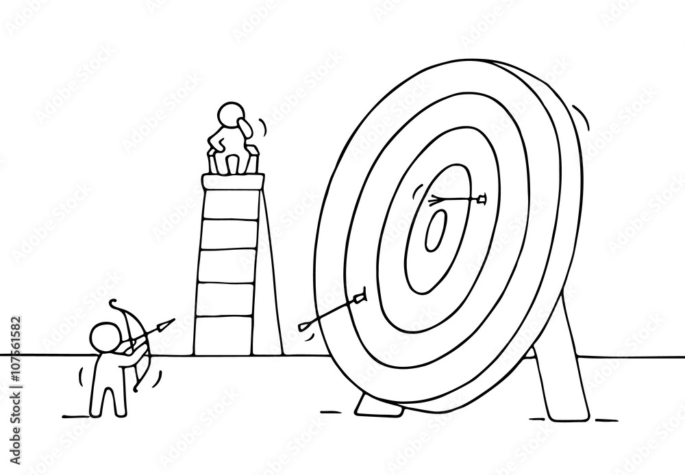 Sketch of archer and target with little people. Doodle cute miniature ...