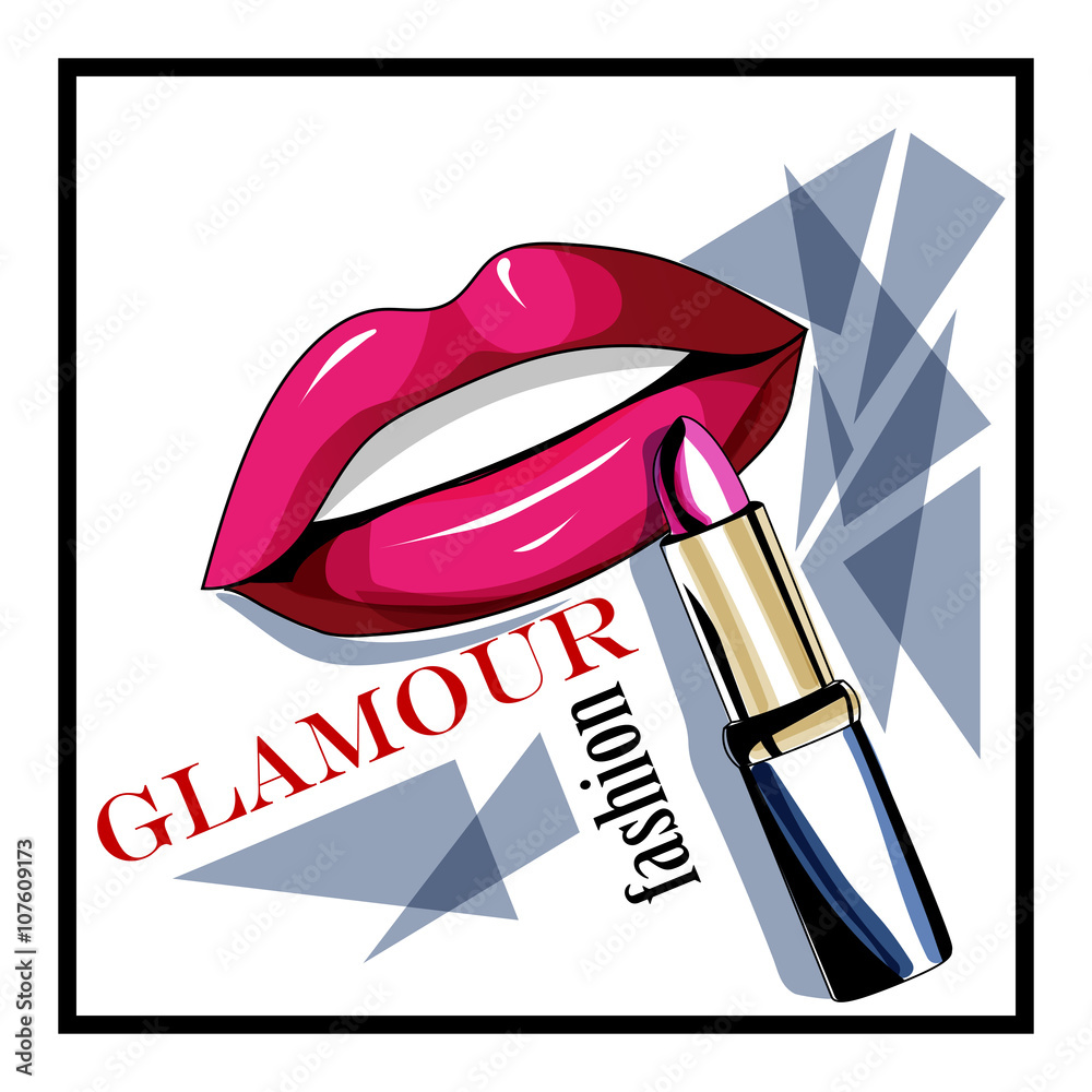 Opened Lipstick with lips stylish make up Logo with text isolated on ...