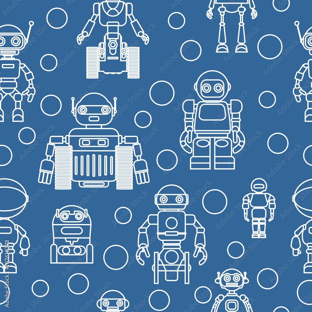 Vetor do Stock: Modern seamless robots flat linear pattern on blue ...