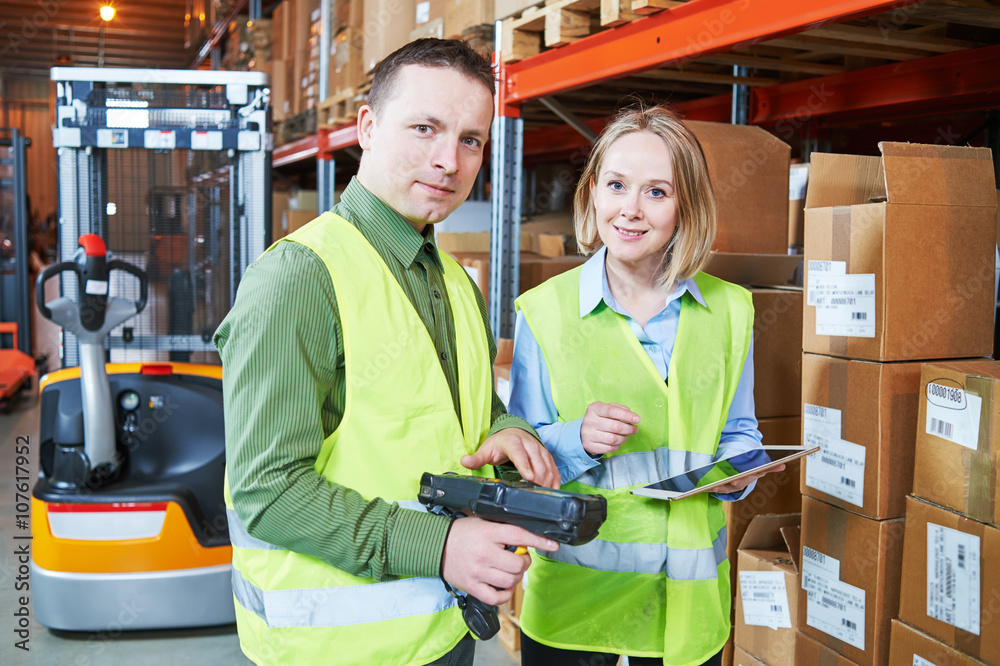 Poster Warehouse Management System. Worker with barcode scanner – Wall ...