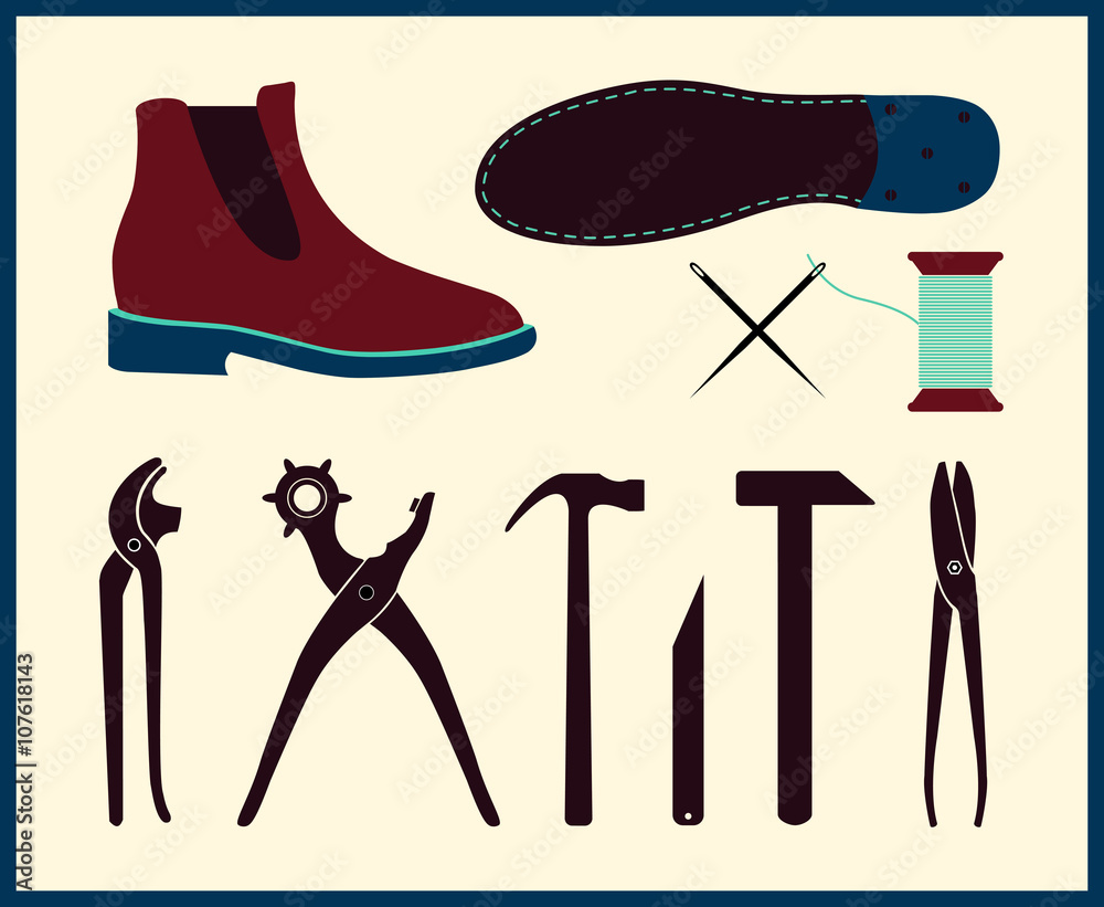 Vector shoe repair illustration. Set of shoemaker tools. Stock Vector ...