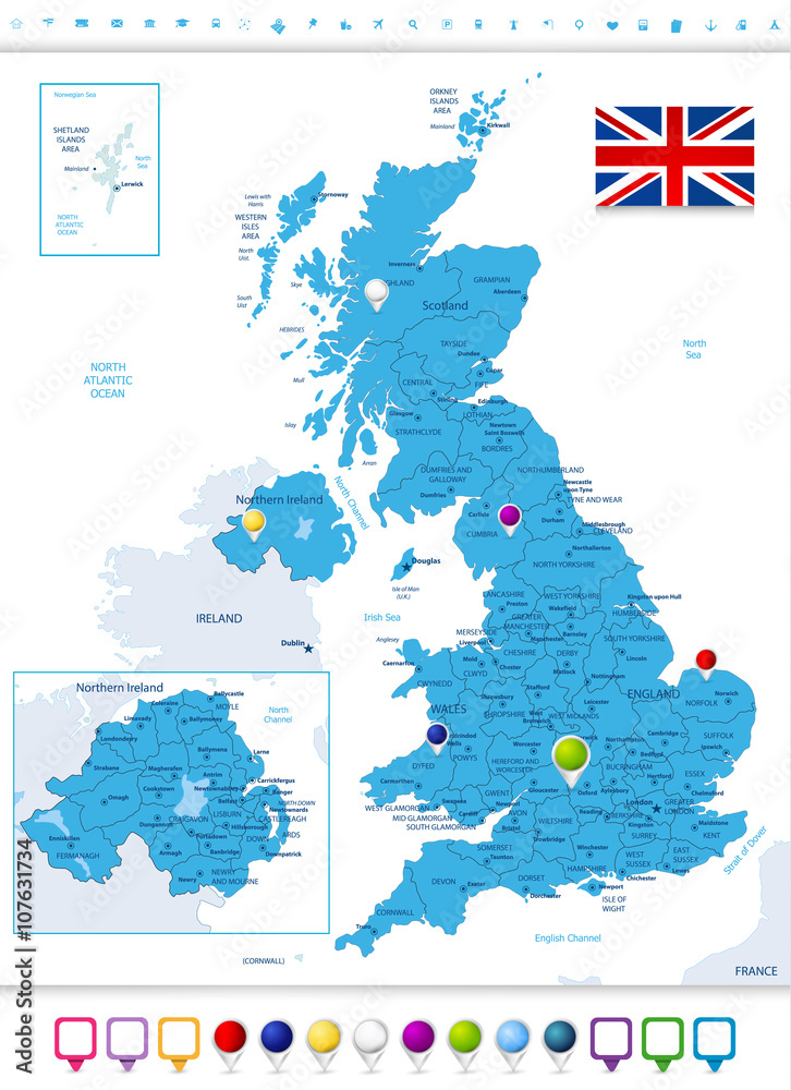 Great Britain Political Map with Map Pointers Stock Vector | Adobe Stock