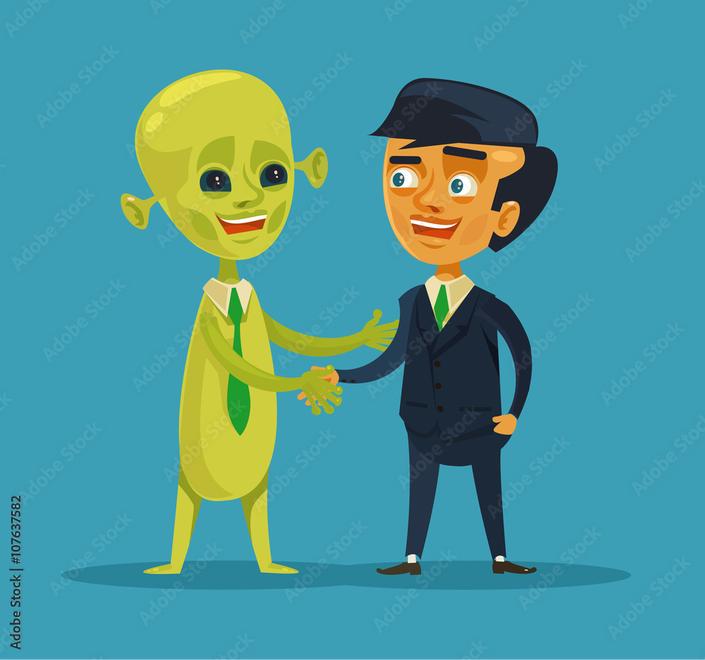 Man shaking hands with alien. Vector cartoon flat illustration Stock ...