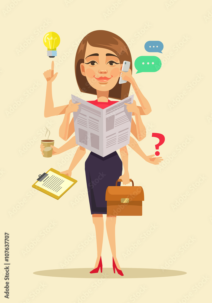 Multitasking woman. Vector flat cartoon illustration Stock Vector ...