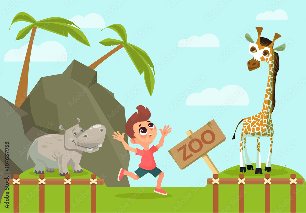 Boy in zoo. Vector cartoon flat illustration Stock Vector | Adobe Stock