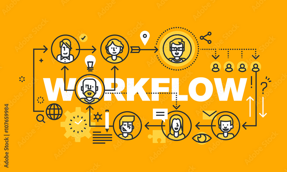 Thin line flat design banner for WORKFLOW web page, business process ...