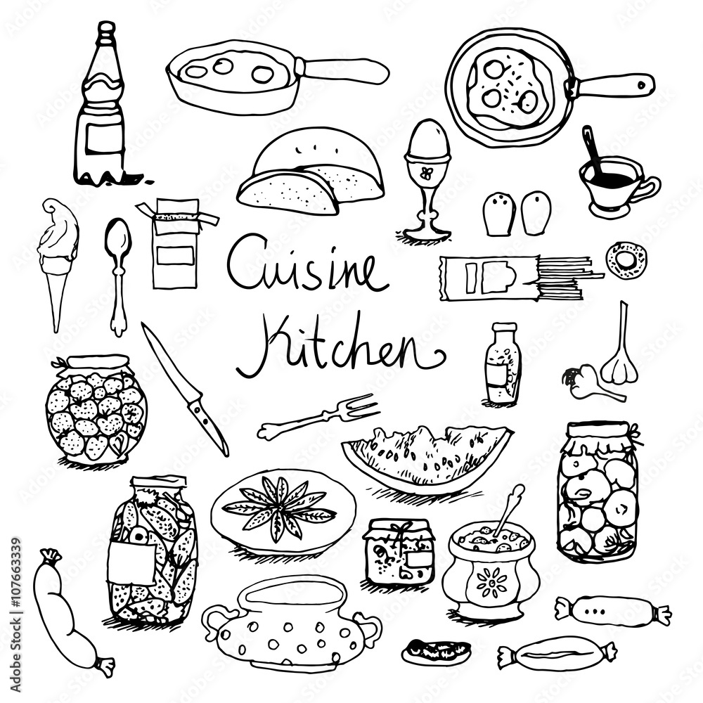 Kitchen set hand-drawn line sketches Stock Vector | Adobe Stock