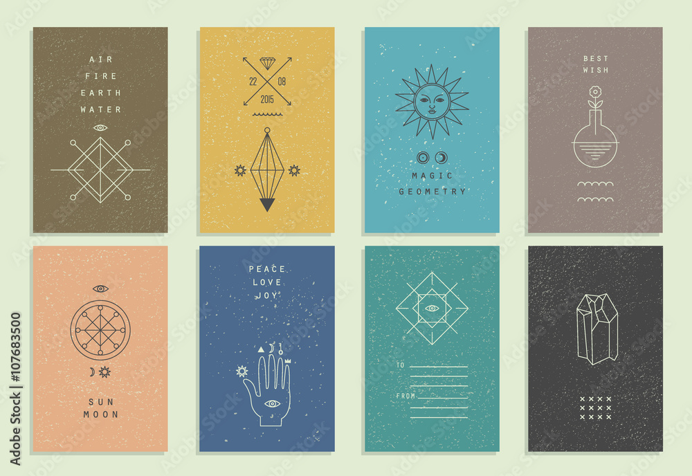 Set of vector trendy cards with geometric icons. Alchemy symbols Stock ...