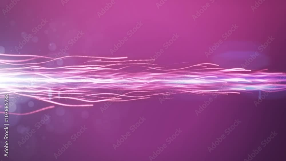 Abstract waving dot lines animation with lens flare on dark pink ...
