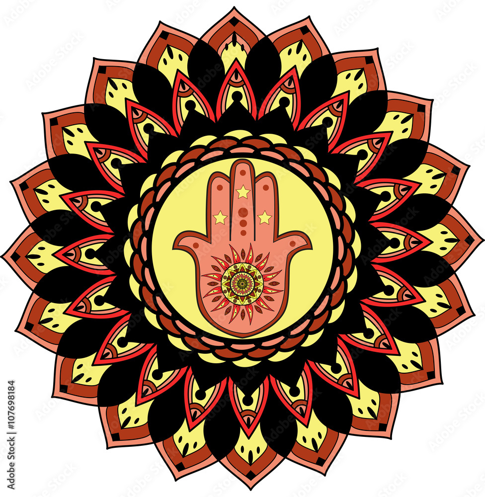 Colored mandala with fatima hand vector, mandala colorato con mano di ...