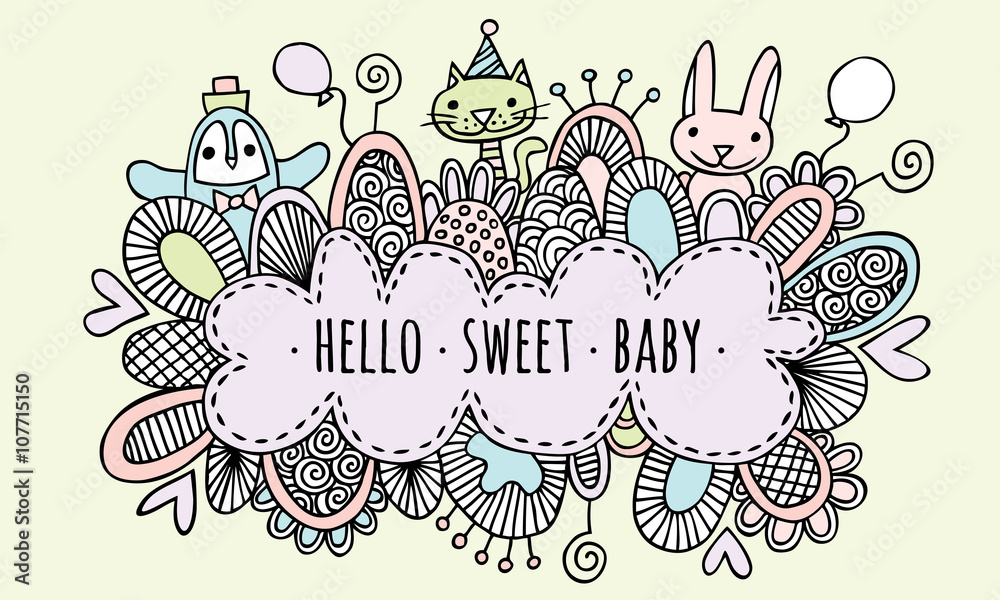 Hello Sweet Baby Hand Drawn Doodle Vector Lineart Stock Vector | Adobe ...