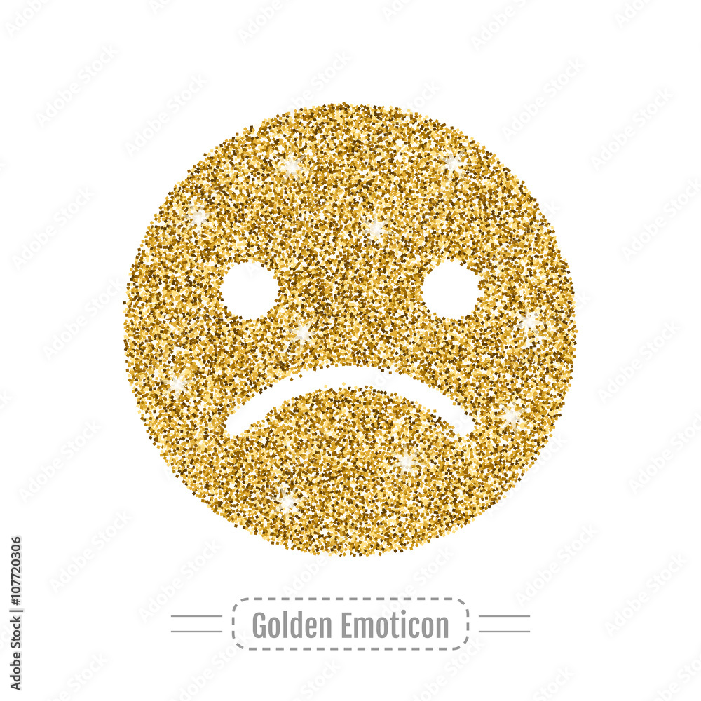 Sad emoticon without smile icon, golden glitter emotional sign. Vector ...