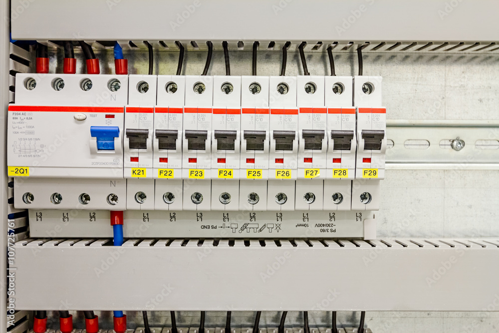 Electrical panel has automatic fuse switches, close up. Stock Photo ...