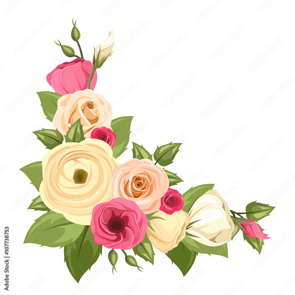 Vector corner background with pink and orange roses, lisianthuses and ...