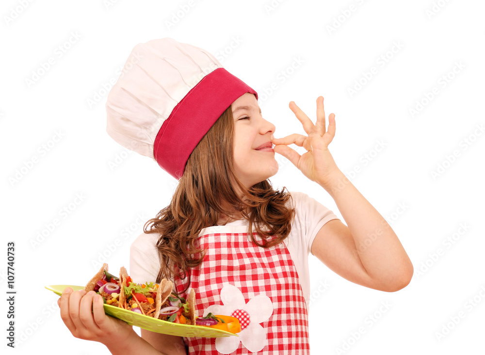 happy little girl cook with tacos and ok hand sign Stock Photo | Adobe ...