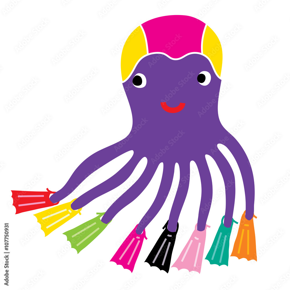 Cartoon octopus wearing hat and flippers. Snorkeling dolphin. Vector ...