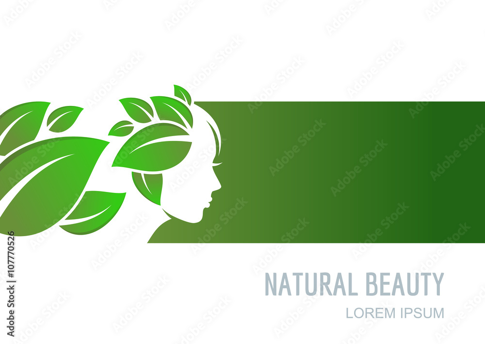 Female face on green background. Woman with green leaves hair. Vector ...