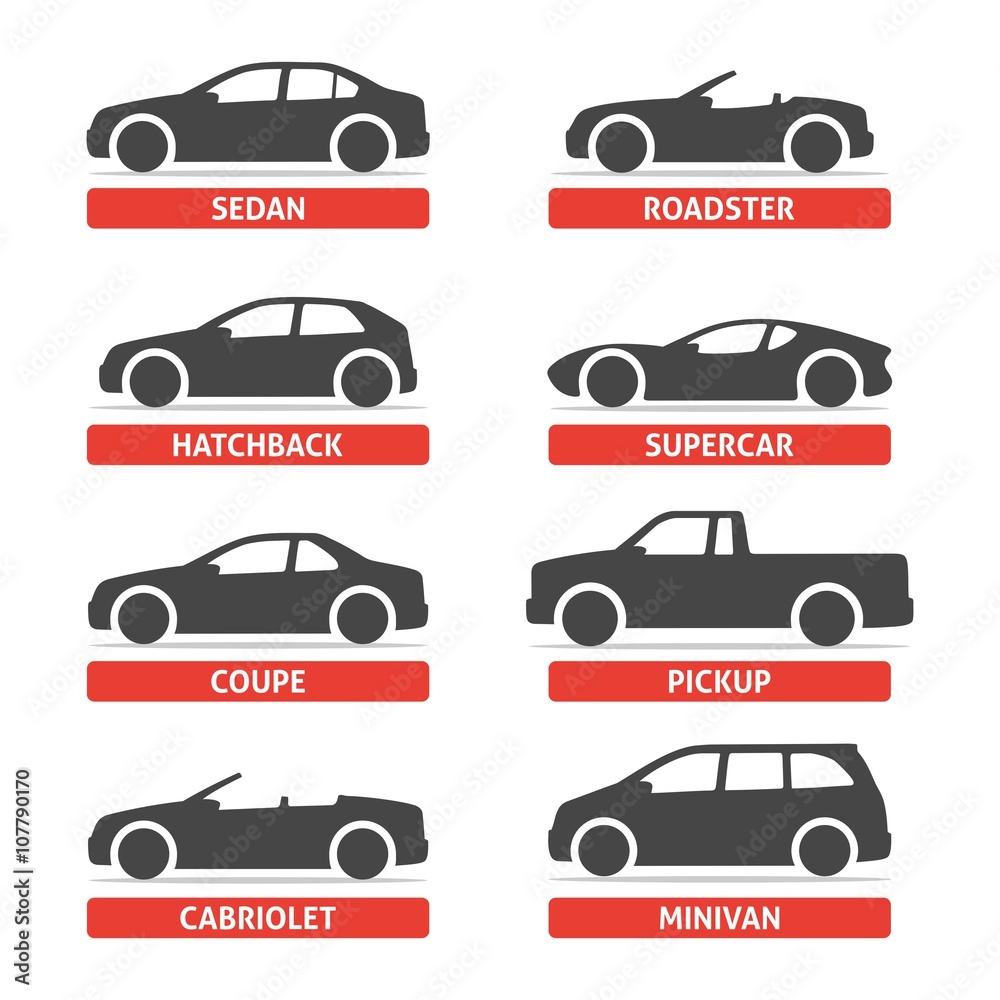 Car Type and Model Objects icons Set, automobile. Vector black ...