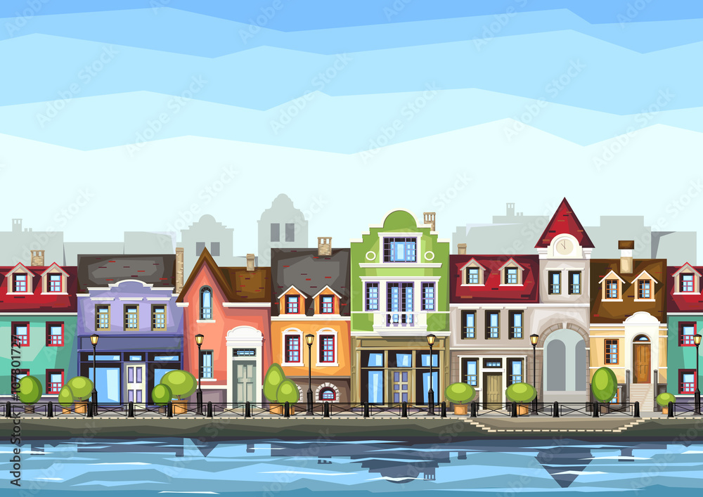 Small town street with coffee shop.Vector illustration of stylized ...