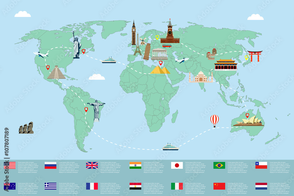 Infographic world landmarks on map. Vector wall mural wallpaper ...