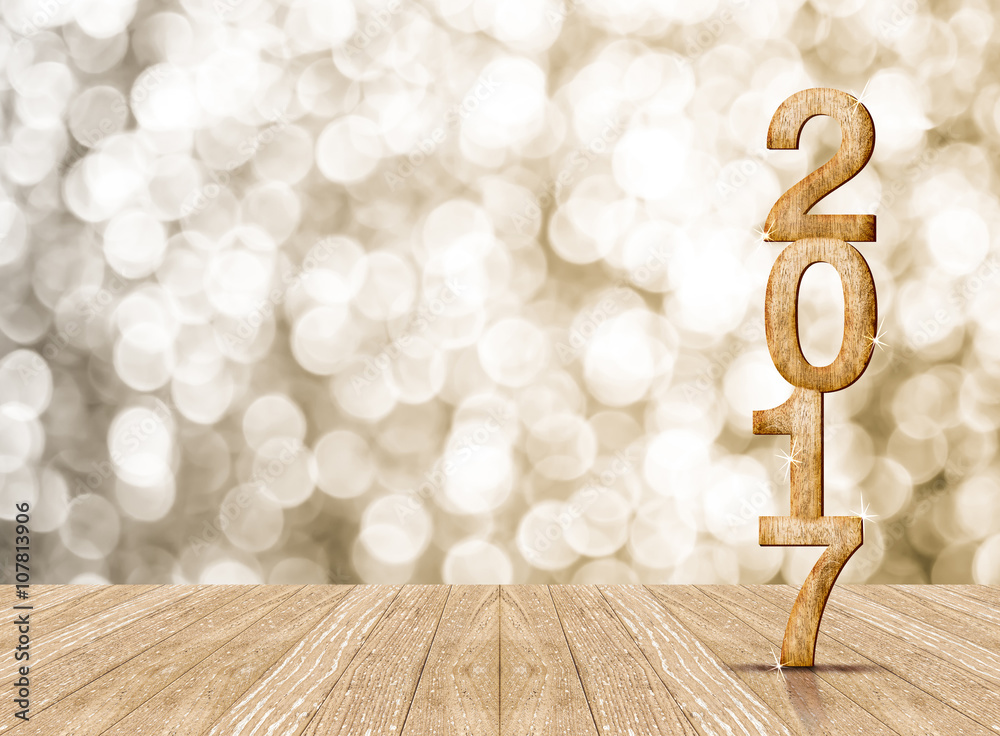 2017 year wood number in perspective room with sparkling bokeh w Stock ...