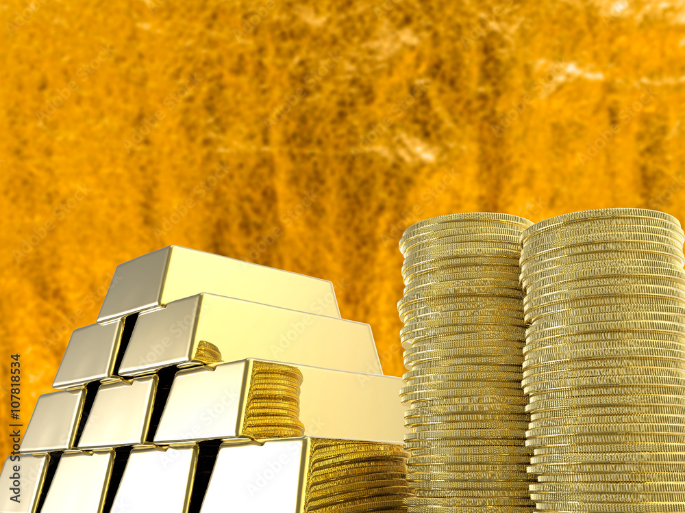 stack of gold coins and bullion on gold background Stock Photo | Adobe ...