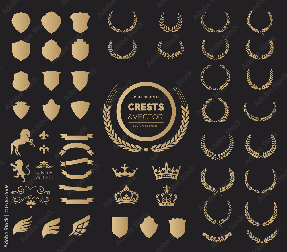 Fotografía Crest logo element set, Coat of arms, Award laurel wreaths ...