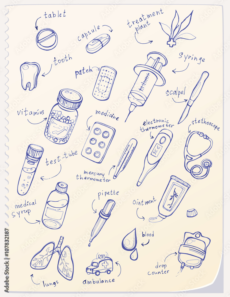 Set of hand-drawn medication, vector illustration in doodle style/A ...