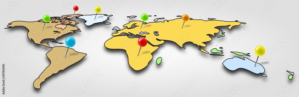 Simple and colored world map with office pins Stock Illustration ...