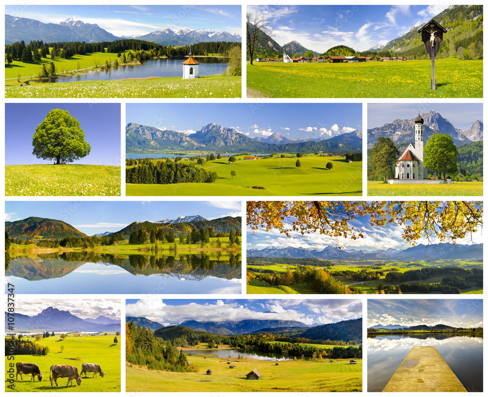 Collage mit Panorama Landschaft in Bayern mit Alpen, Berge und See im ...