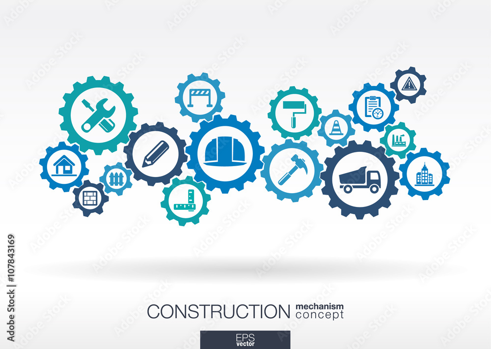 Construction mechanism. Abstract background with connected gears and ...