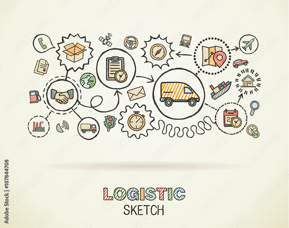 Logistic hand draw integrated icons set on paper. Colorful vector ...