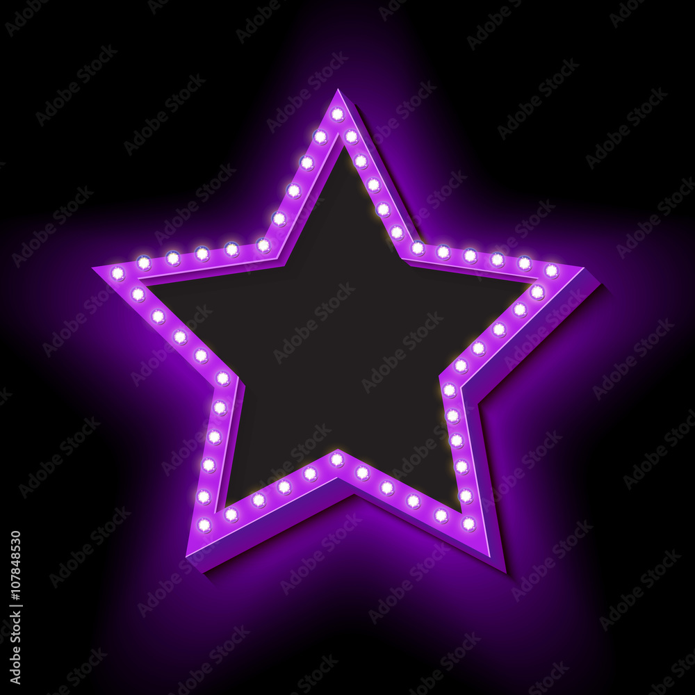 Retro Neon star with lights. Vintage symbol of a star. Volumetric frame ...