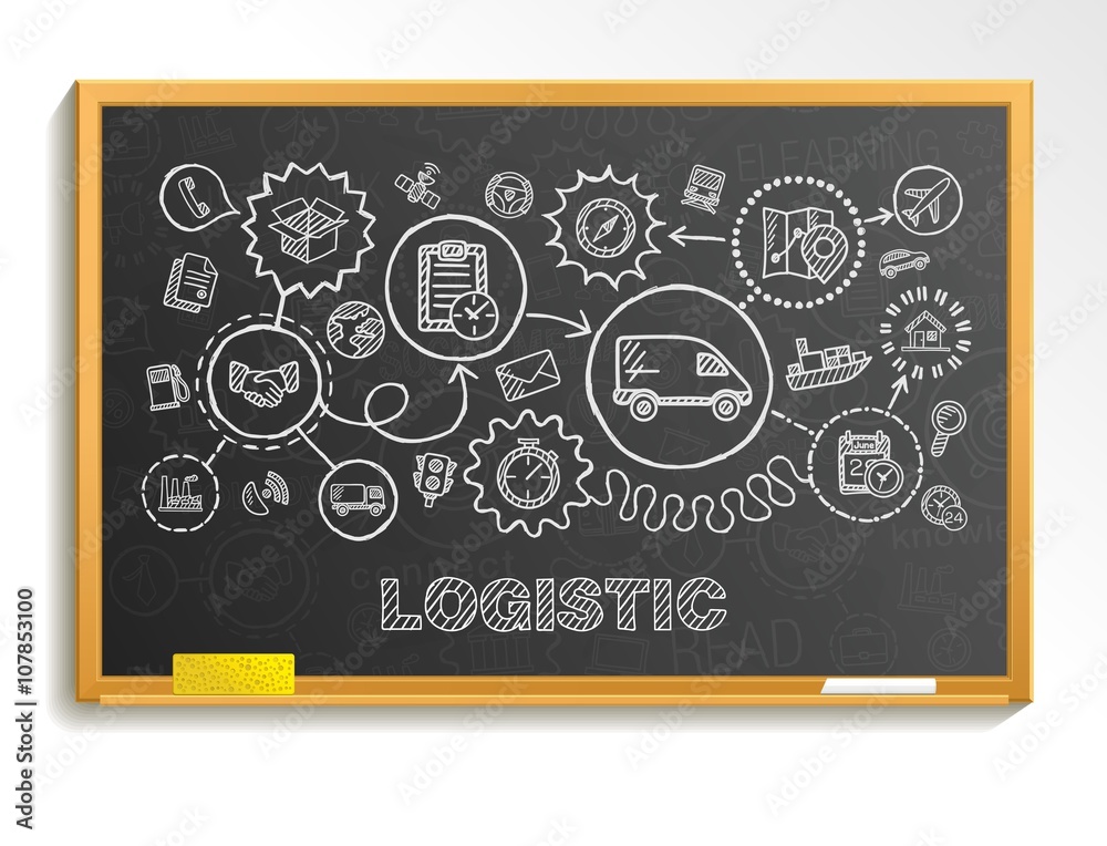Logistic hand draw integrated icons set on school board. Vector sketch ...