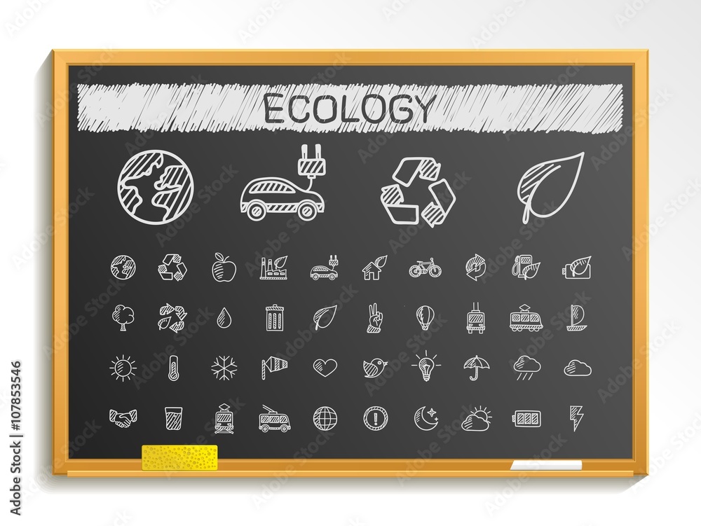 Ecology hand drawing line icons. Vector doodle pictogram set. chalk ...