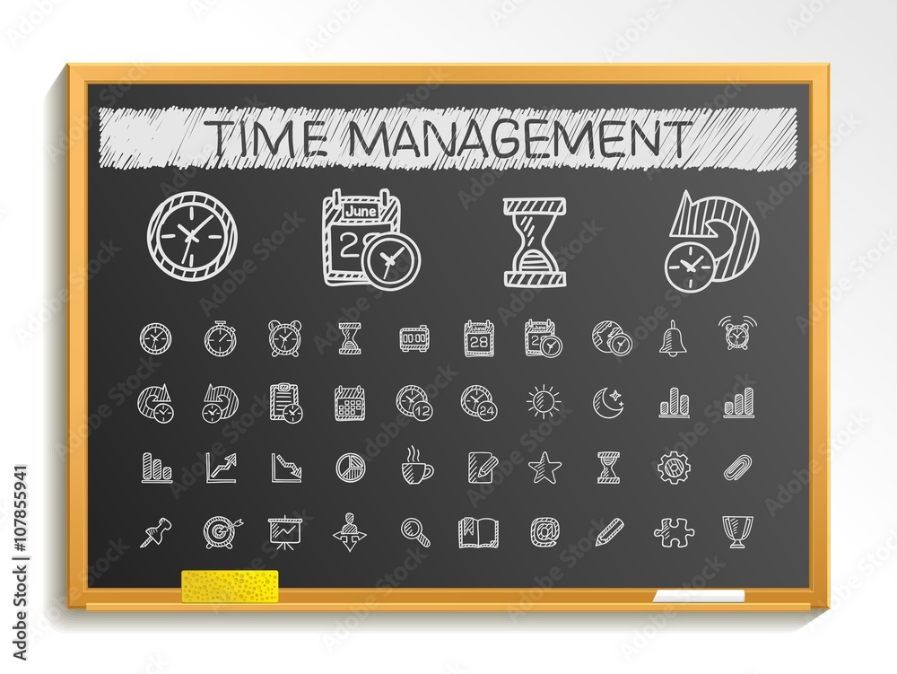 Time management hand drawing line icons. Vector doodle pictogram set ...