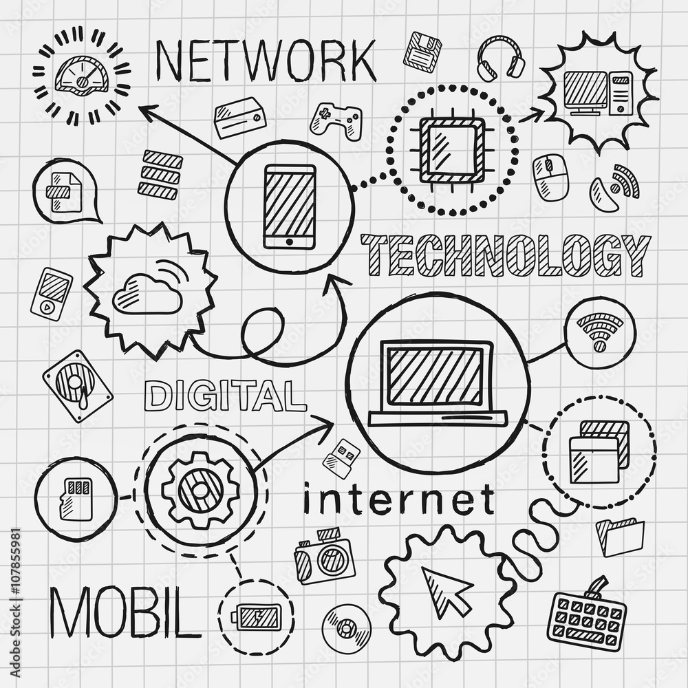 Technology hand draw integrated icons set. Vector sketch infographic ...
