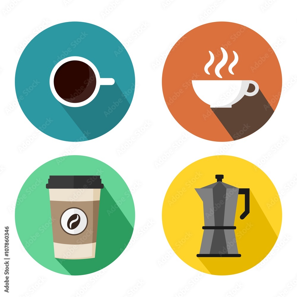 Coffee Cups and Espresso Machine Set Of Round Flat Logo Vector ...