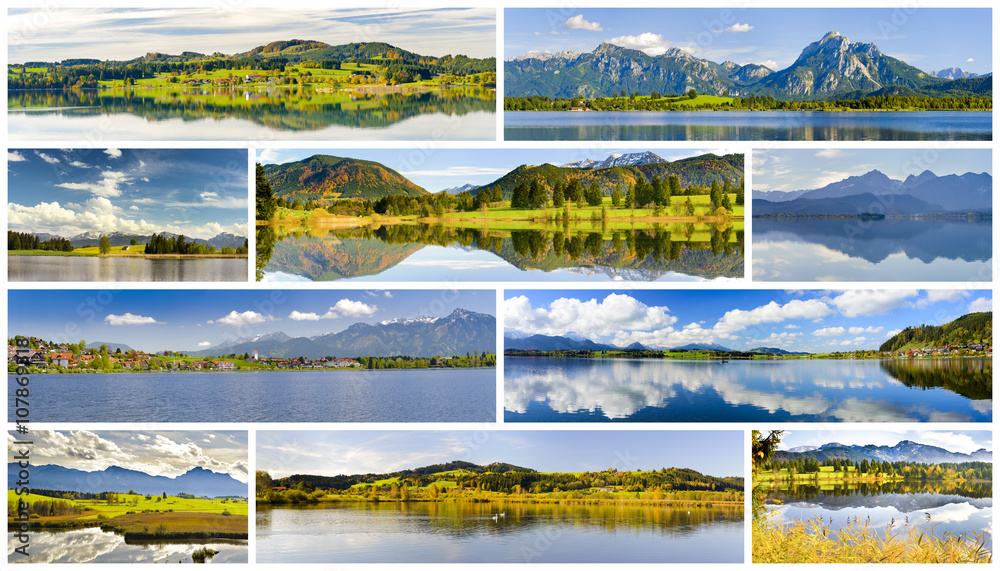 Collage mit Panorama Landschaft in Bayern mit Alpen, Berge und See im ...