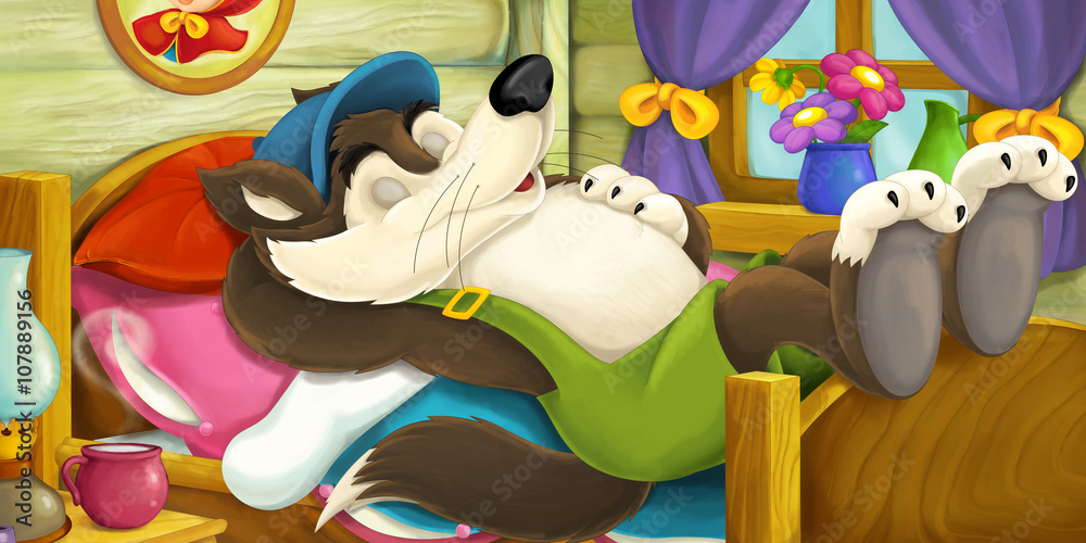 Cartoon scene of a lazy wolf sleeping in a bed - illustration for ...